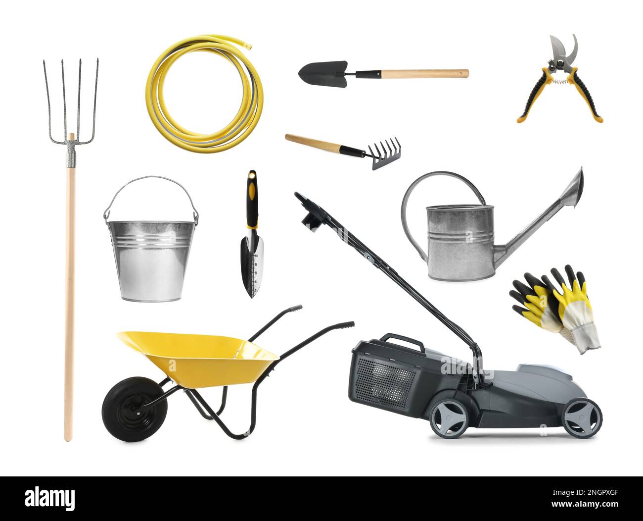 Set with different gardening tools on white background Stock Photo - Alamy