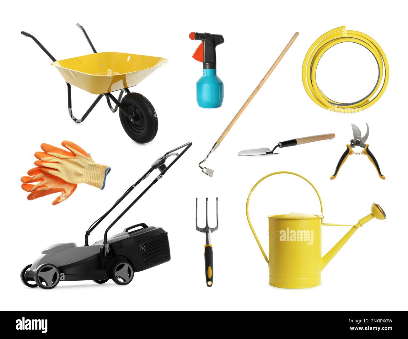 Set with different gardening tools on white background Stock Photo - Alamy
