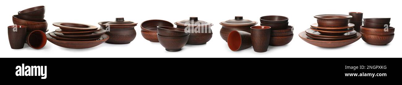 Set with stylish clay dishes on white background. Banner design Stock ...