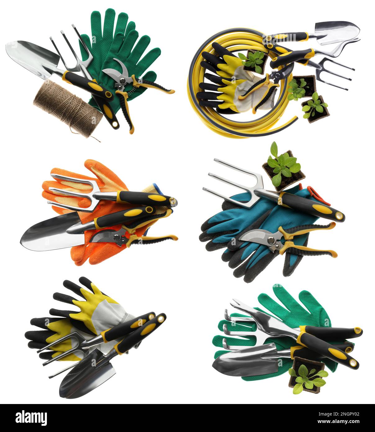 Set of different gardening tools on white background, top view Stock ...