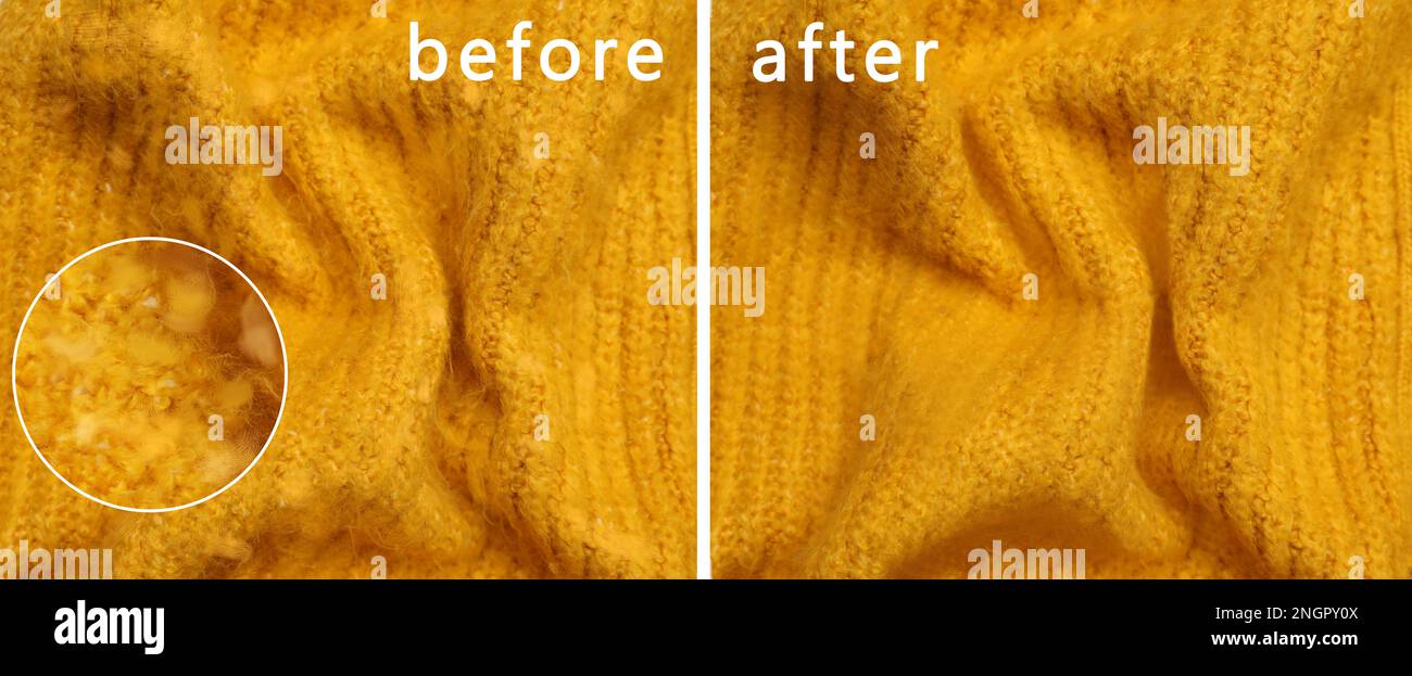 Yellow cloth before and after using of fabric shaver, collage. Banner ...