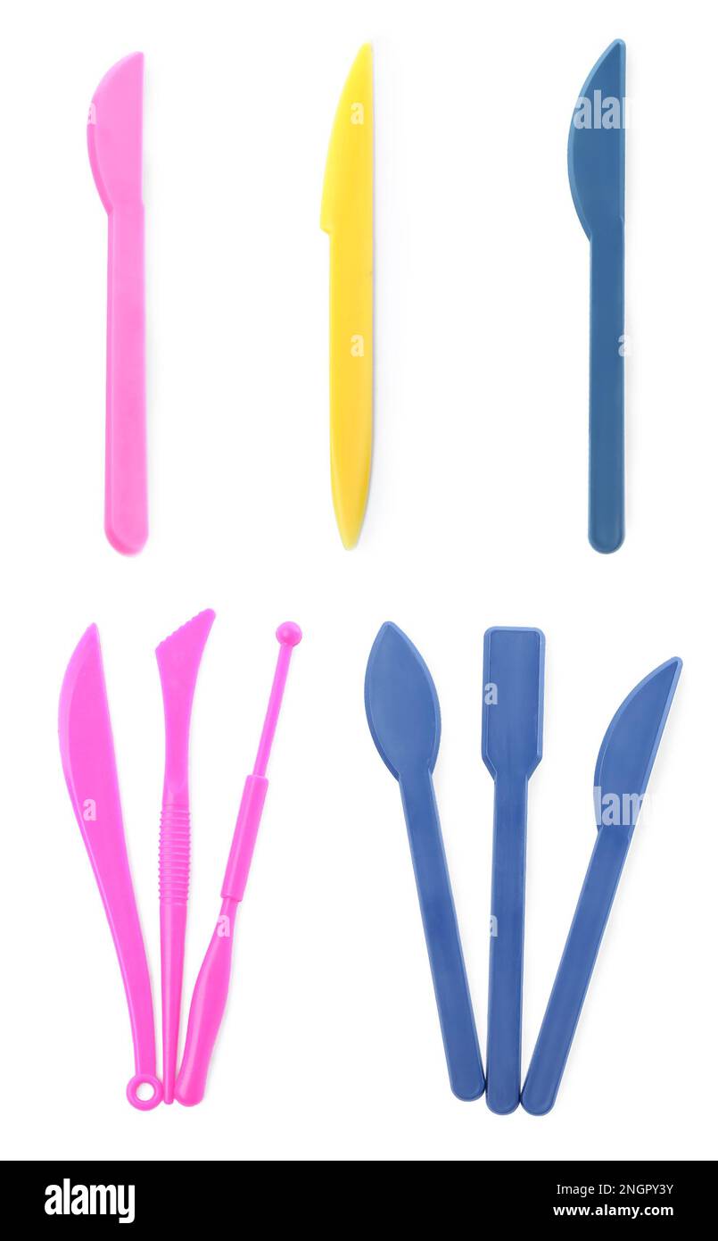 Set with different tools for plasticine on white background, top view ...