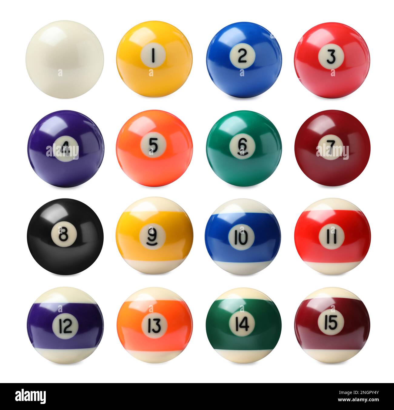 Set with billiard balls on white background Stock Photo - Alamy
