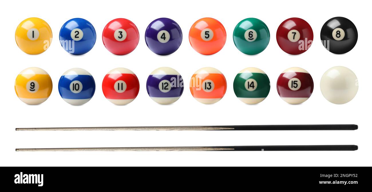 Set with billiard balls and wooden cues on white background. Banner ...