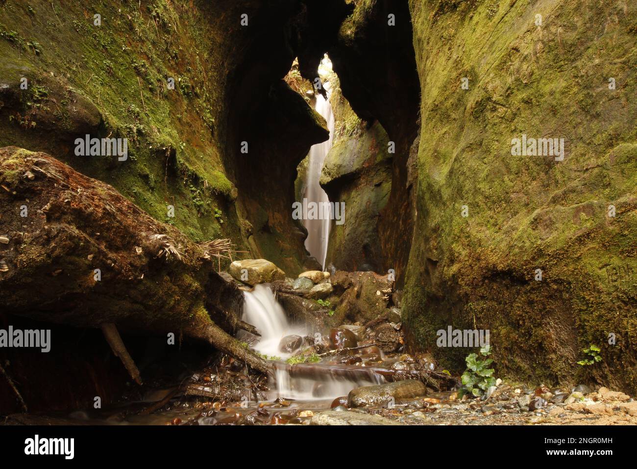 The waterfall at Sombrio Beach on Vancouver Island through the canyon ...
