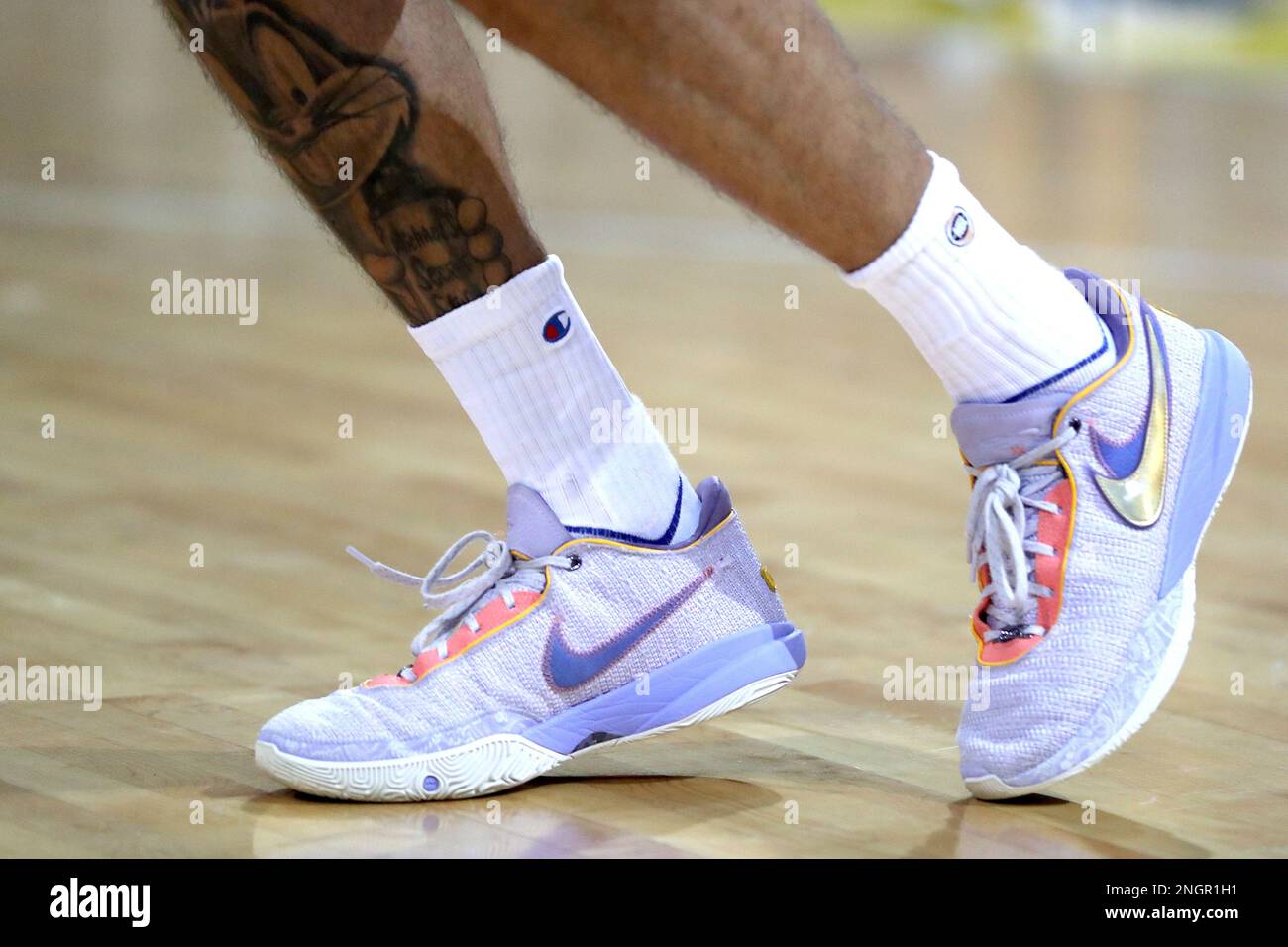A pair of basketball sneakers worn by Xavier Cook of the Kings are seen ...