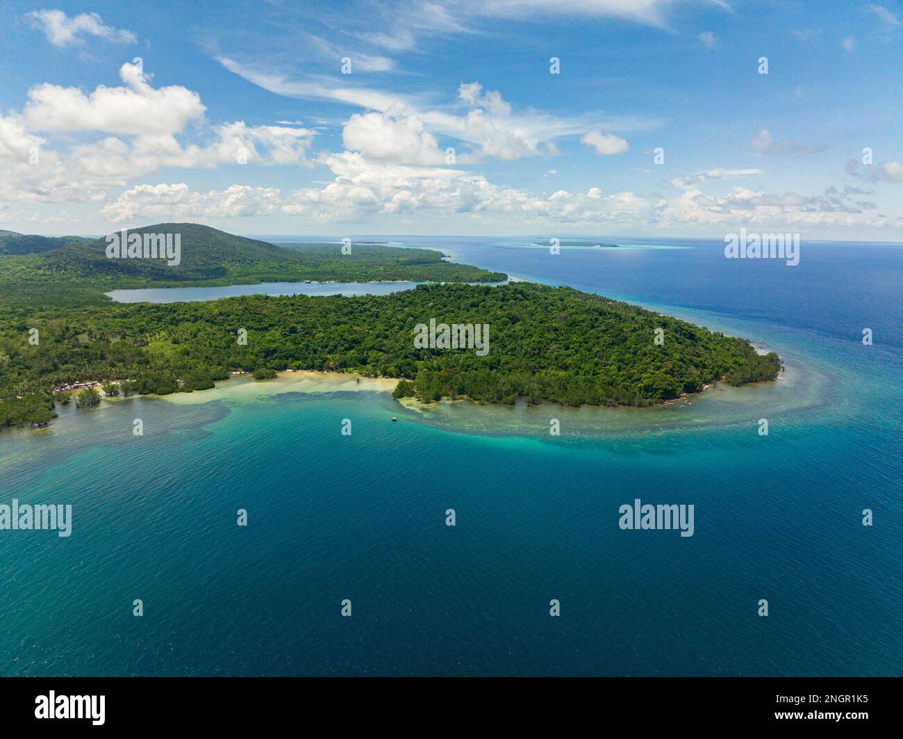 Aerial drone of Balabac island with tropical forest and blue sea ...
