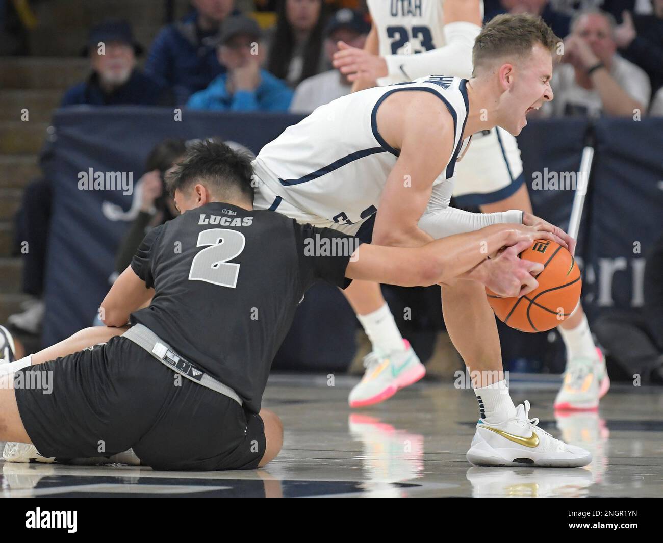 Nevada guard Jarod Lucas (2) and Utah State guard Steven Ashworth try ...