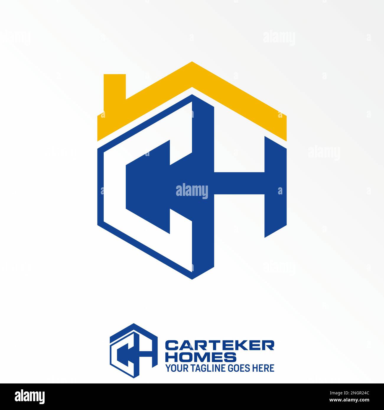 letter or word CH or HC font in hexagon 3D line and roof house window ...