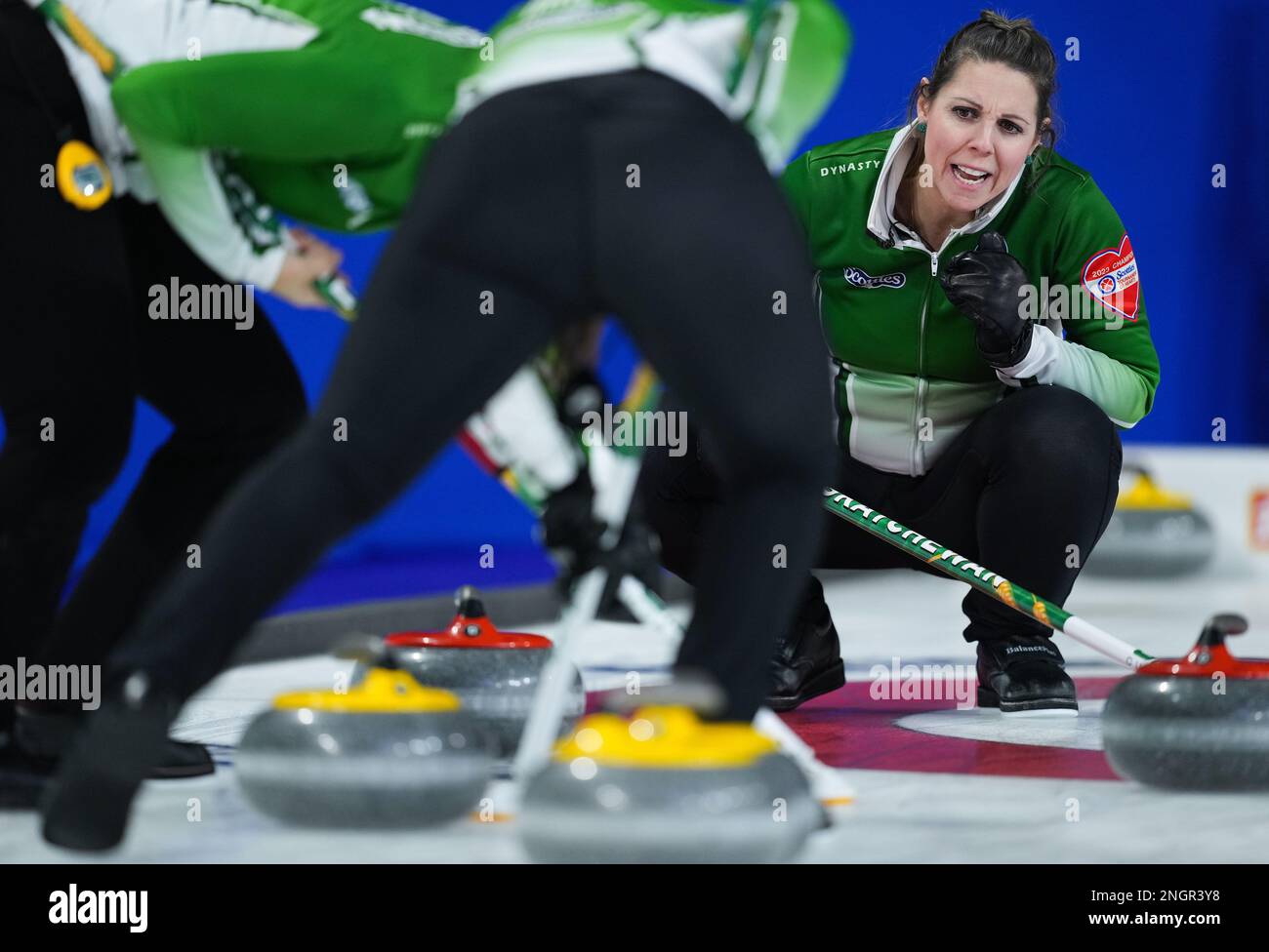 Saskatchewan skip Robyn Silvernagle, back right, calls out to third ...