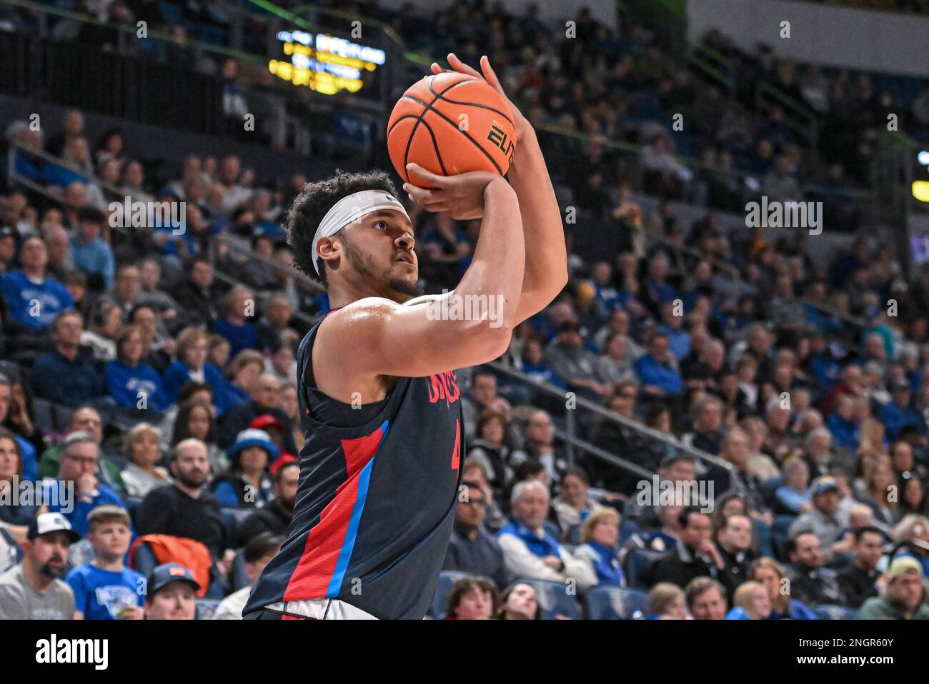FEBRUARY 18, 2023: Duquesne Dukes forward Tre Williams (4) takes a jump ...