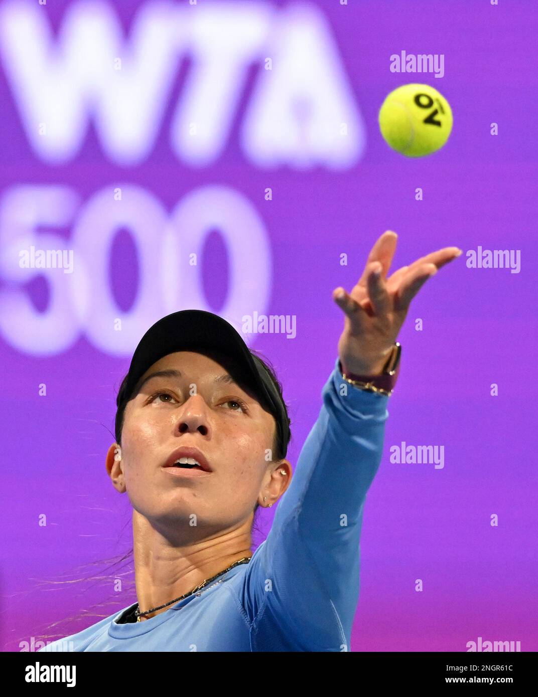 Doha, Qatar. 18th Feb, 2023. Jessica Pegula serves during the singles final match between Iga ...