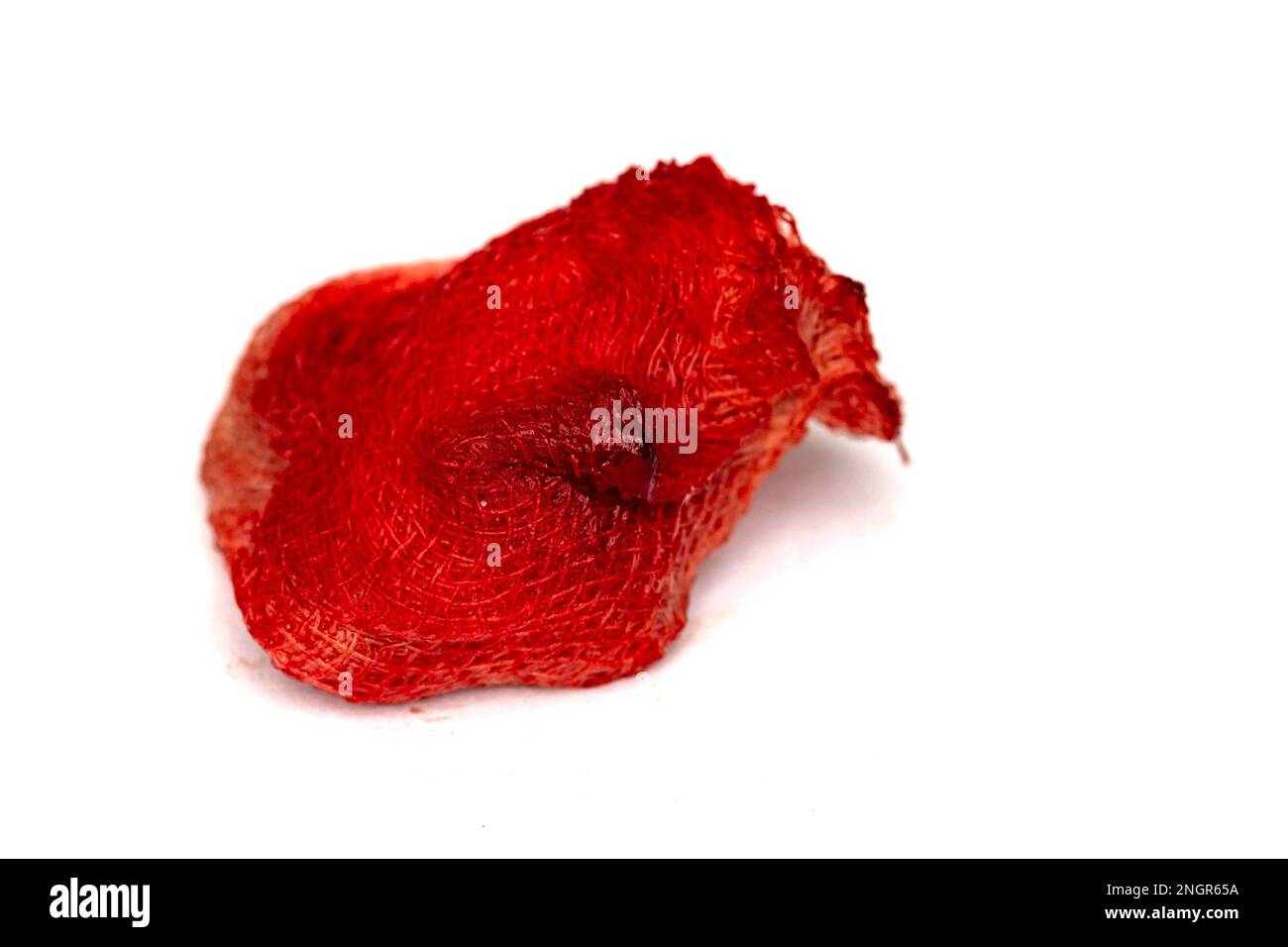 Close up shot of blood-soaked gauze, bright red, on a white background ...