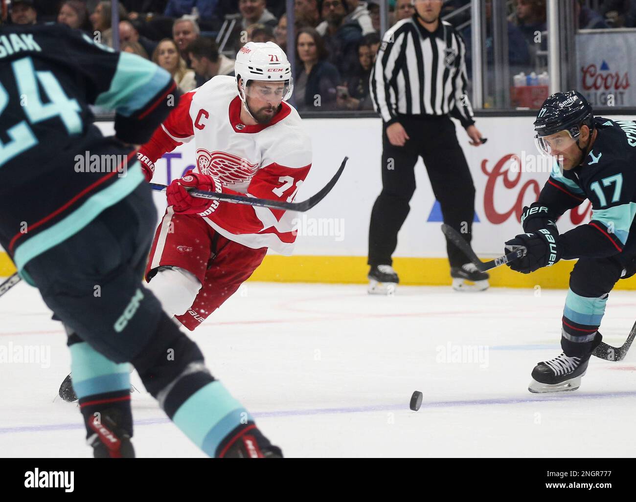 Detroit Red Wings center Dylan Larkin (71) moves the puck as Seattle ...