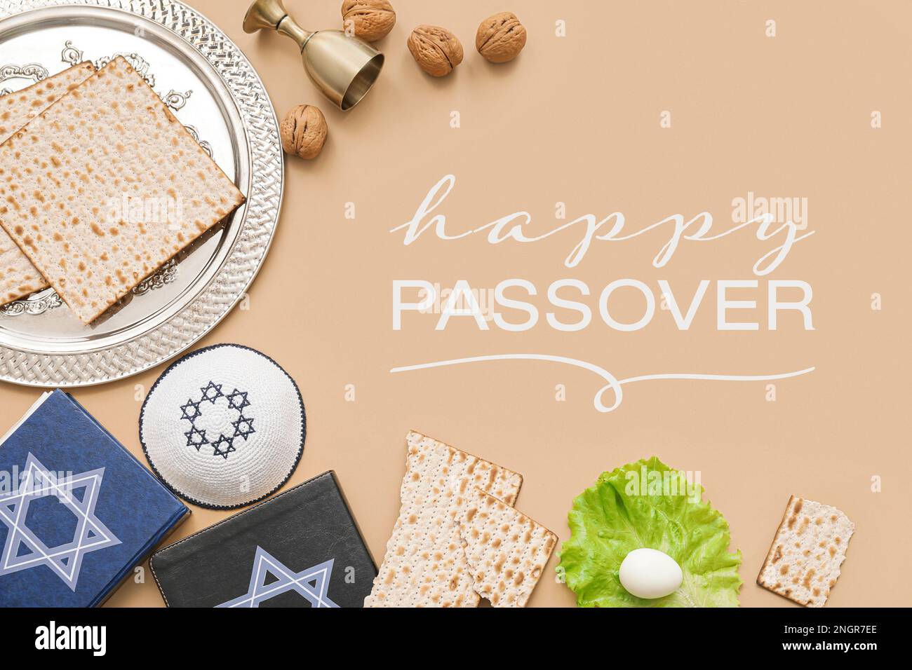 Banner for Happy Passover celebration with Jewish flatbread, Torah and ...