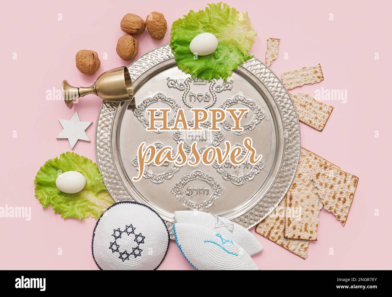 Banner for Happy Passover celebration with Seder plate on pink ...