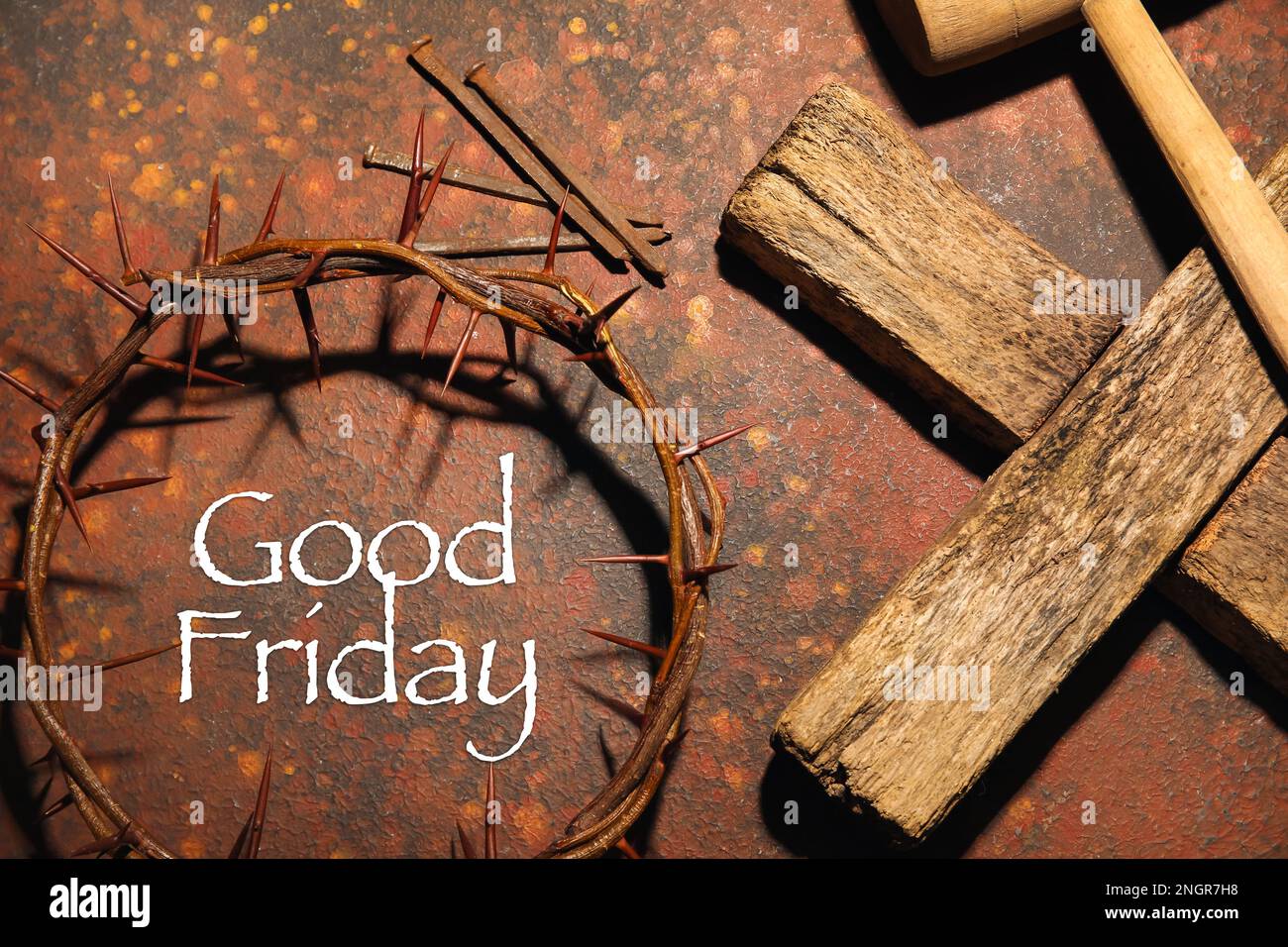 Crown of thorns with wooden cross, mallet, nails and text GOOD FRIDAY ...