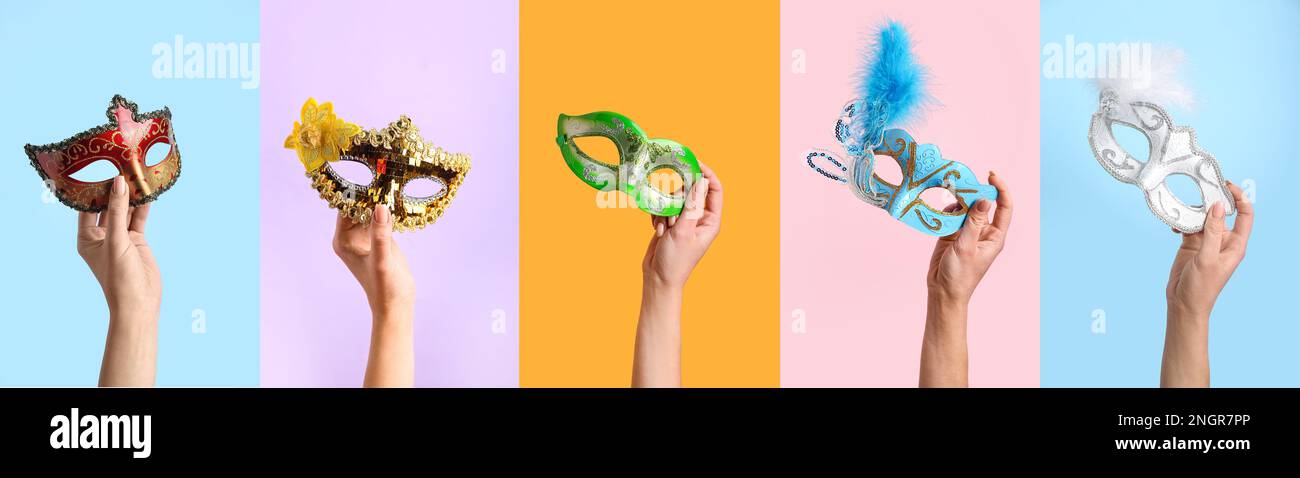 Set of hands with carnival masks on colorful background Stock Photo - Alamy