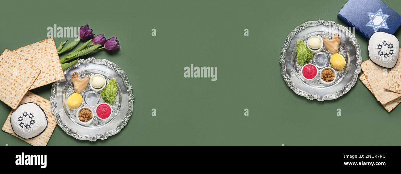 Banner with Passover Seder plates, flatbread matza, Torah and flowers ...