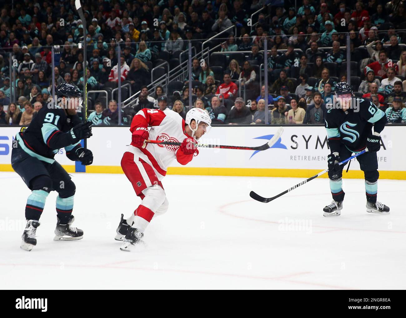 Detroit Red Wings center Pius Suter (24) scores a goal, next to Seattle ...