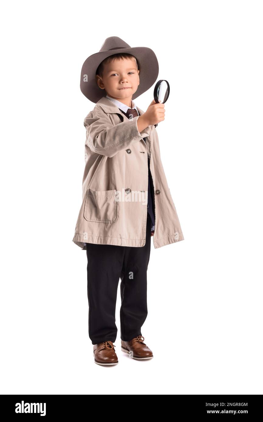 Cute little detective with magnifier on white background Stock Photo ...
