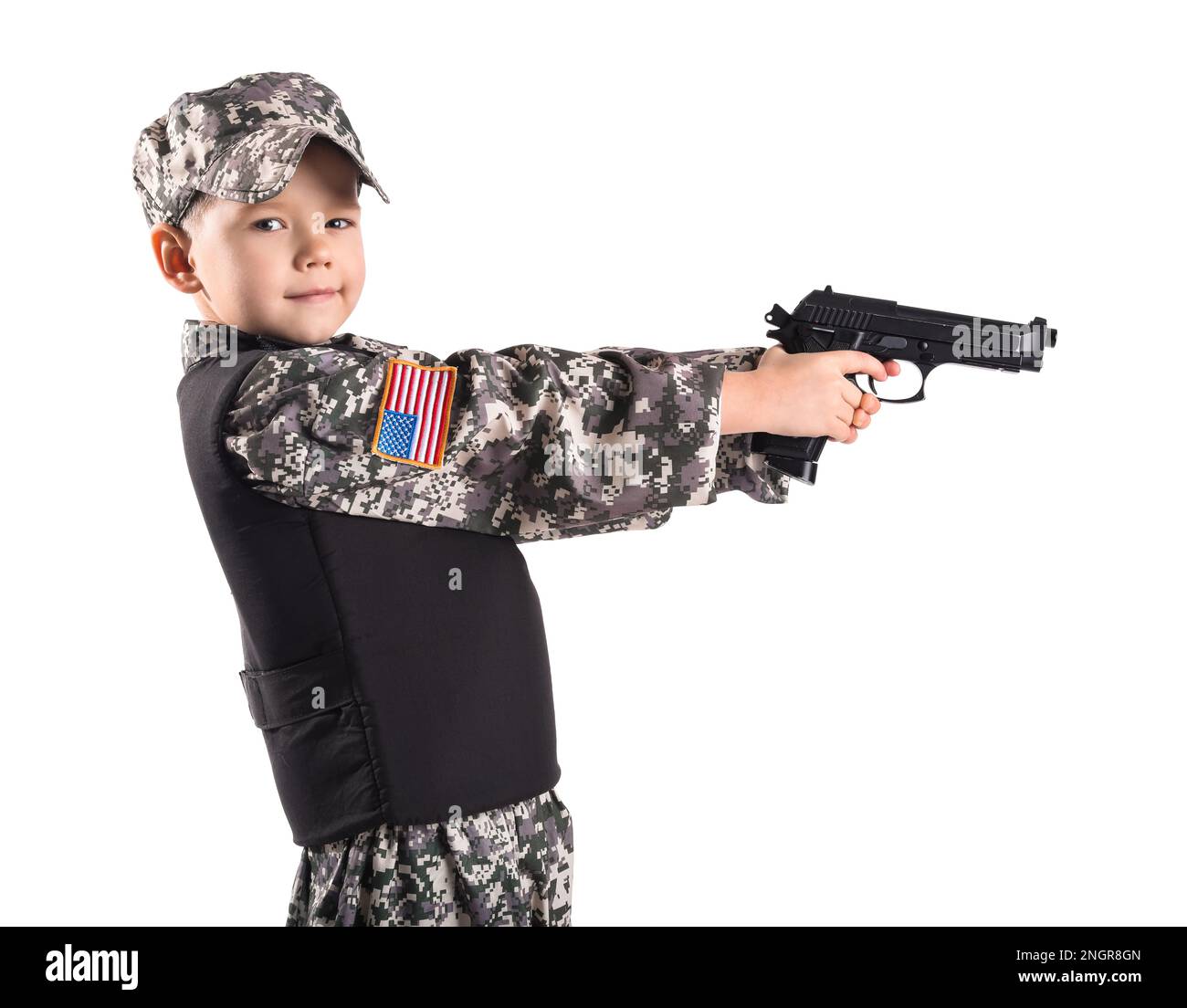 Cute little soldier with gun on white background Stock Photo - Alamy