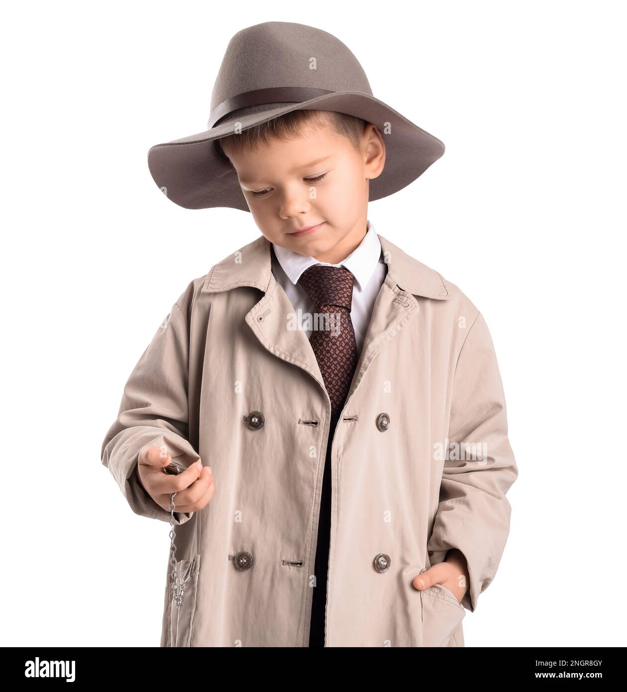 Cute little detective with retro clock on white background Stock Photo ...