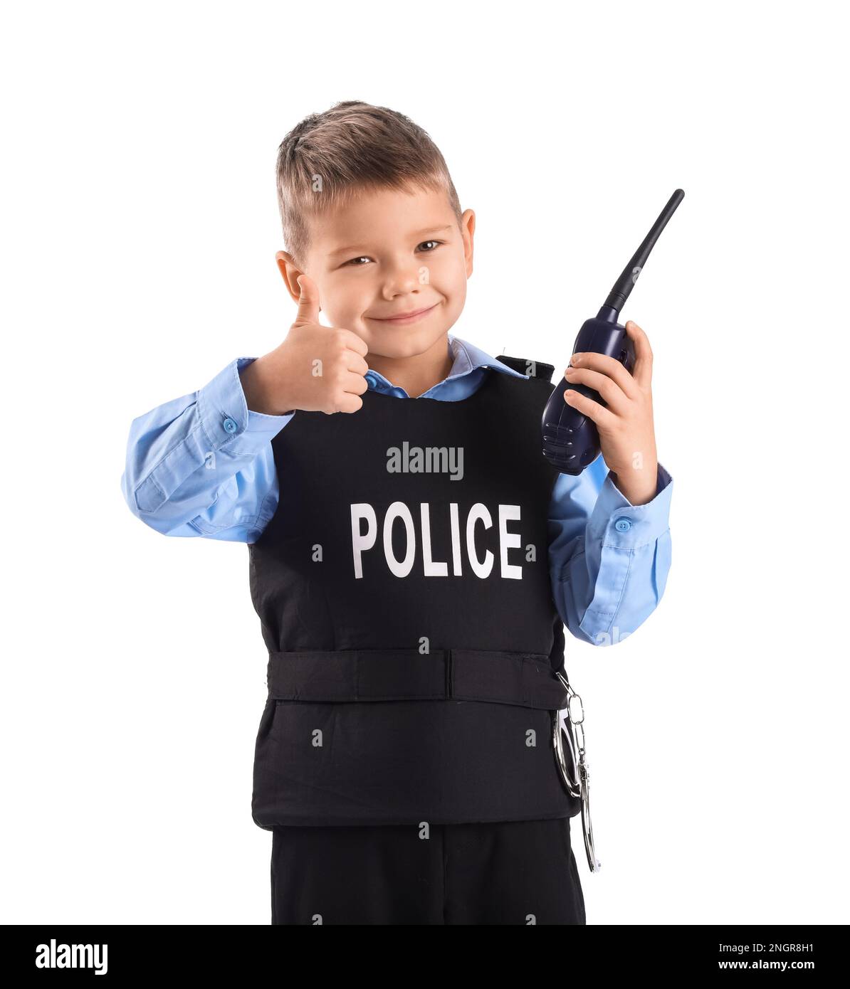 Funny little police officer with radio transmitter showing thumb-up on ...