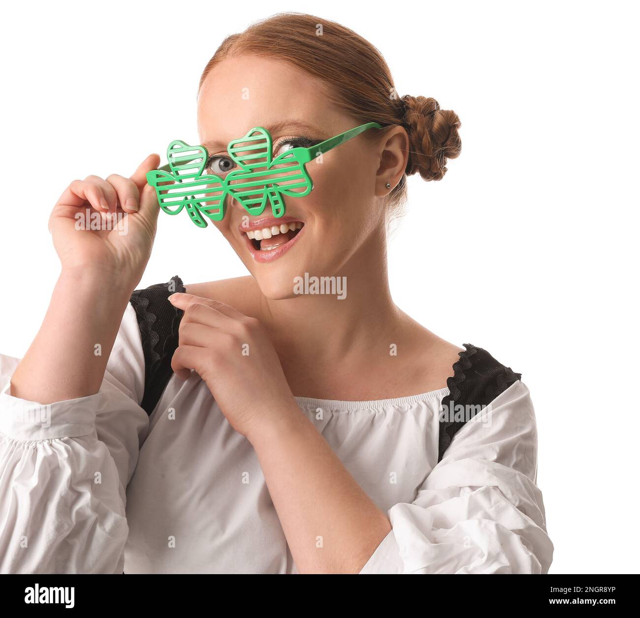 Irish waitress in eyeglasses on white background. St. Patrick's Day ...