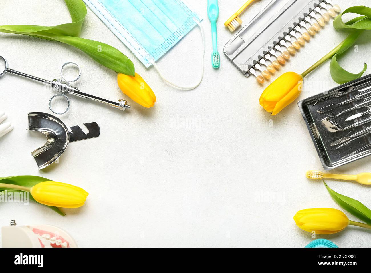 Frame made of dentist's tools and tulips on white background. Hello ...