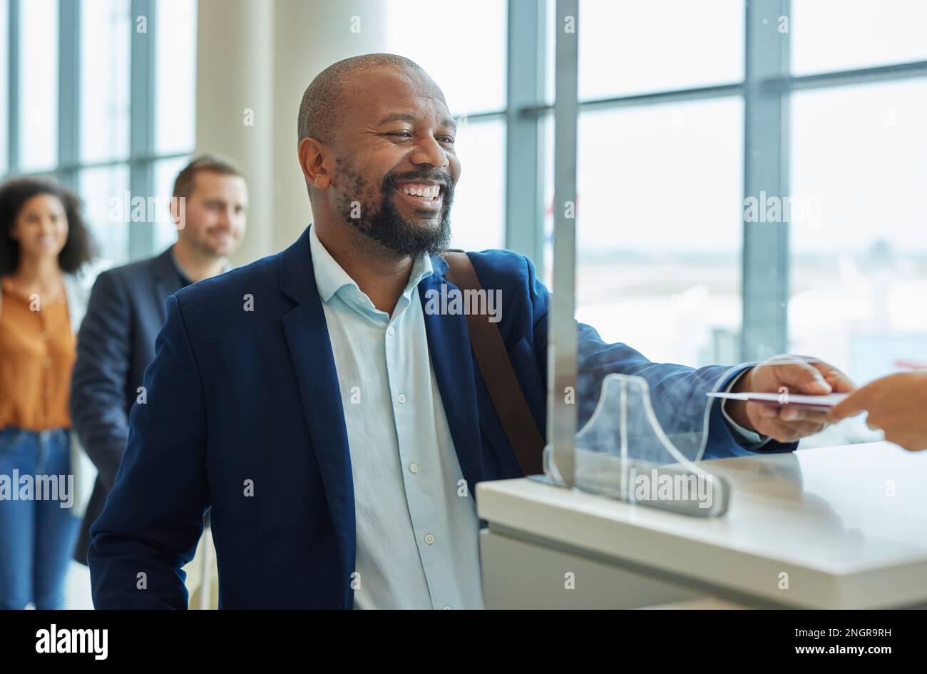 Counter, ticket and black man in airport for passport check or in hotel ...