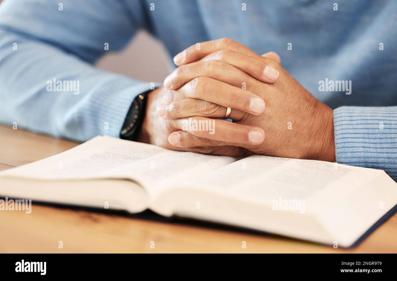 Praying, hands closeup and bible religion, faith and god knowledge ...