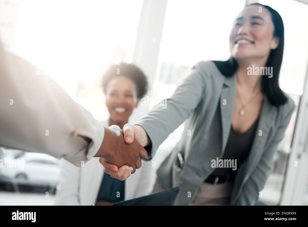 Healthcare, onboarding and handshake, doctors at job interview, meeting ...