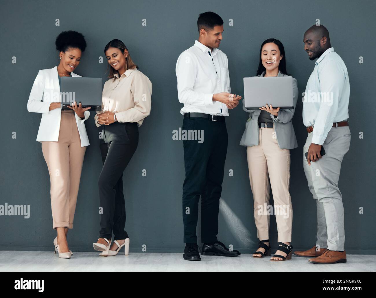 Business people, group and laptop with coach for learning, proposal and ...