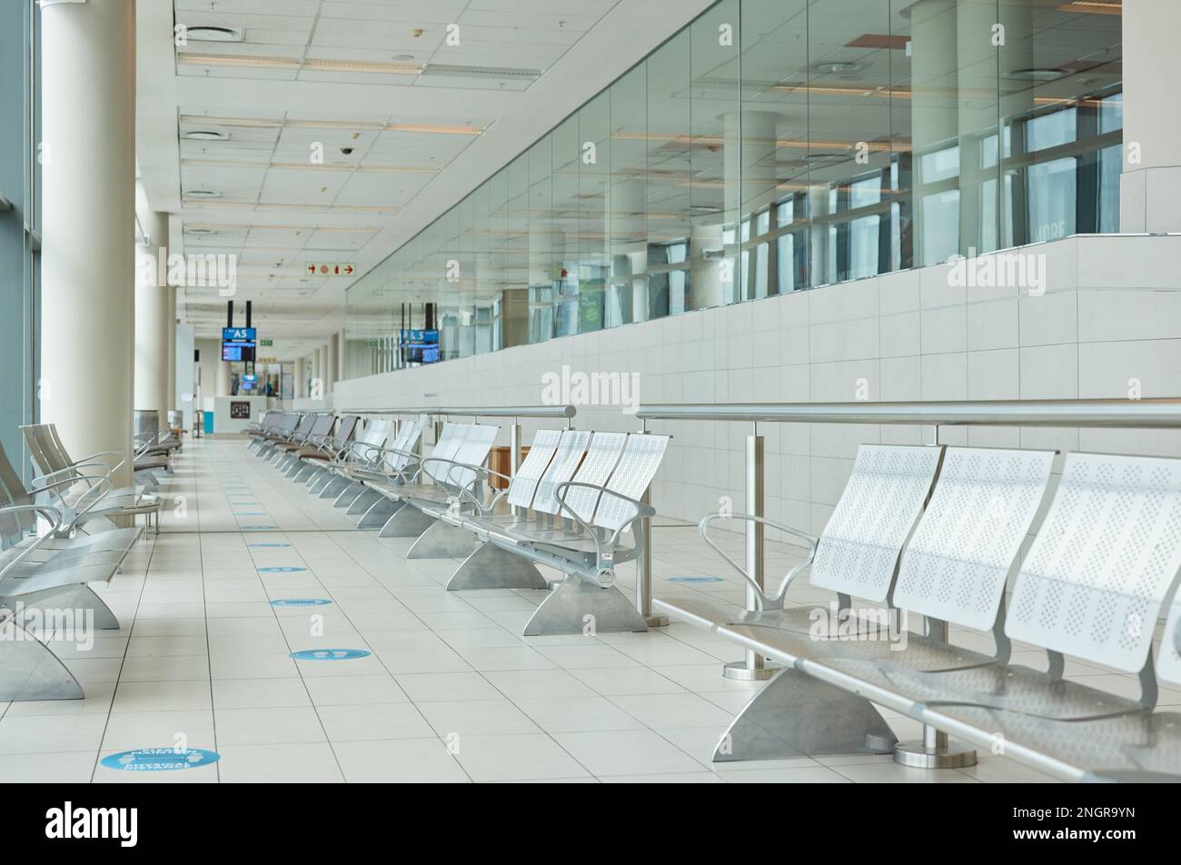 Empty airport, terminal lounge and chair furniture in waiting room of ...