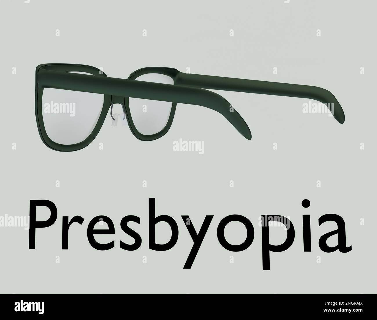 3D illustration of Presbyopia script under eyeglasses, isolated on pale ...