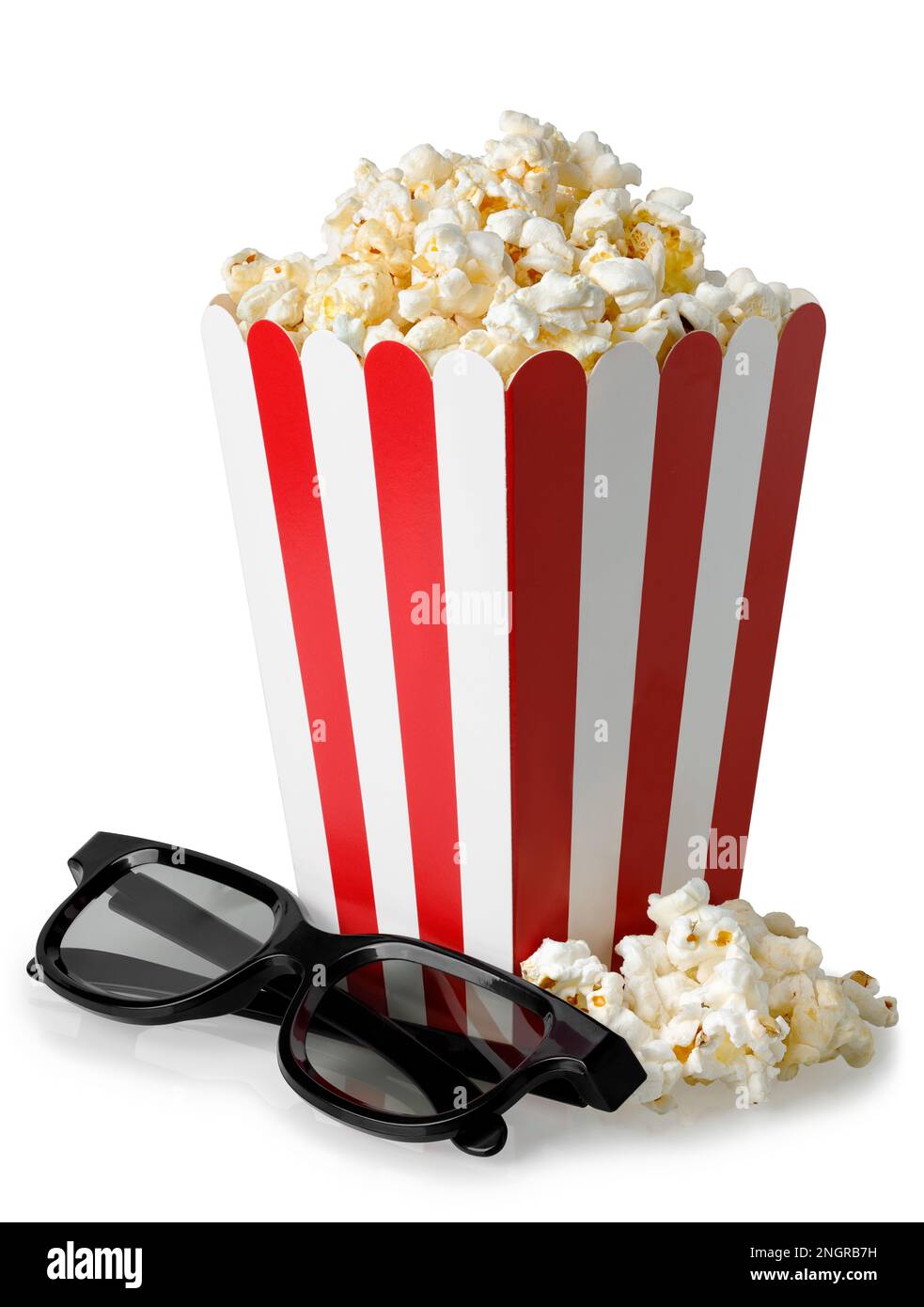 popcorn in red and white cardboard bucket with 3d glasses isolated on white Stock Photo - Alamy