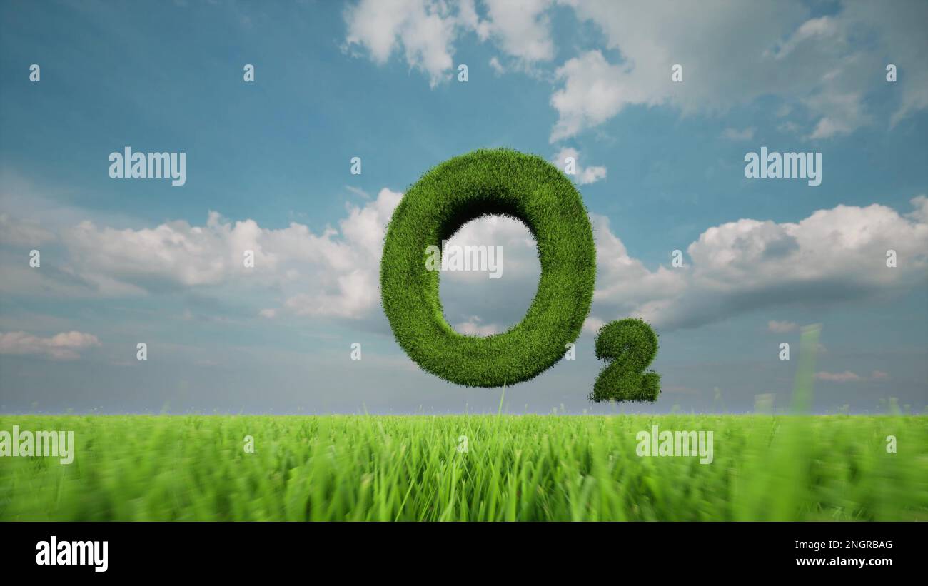 Green oxygen sign on a green spring meadow 3d render Stock Photo - Alamy