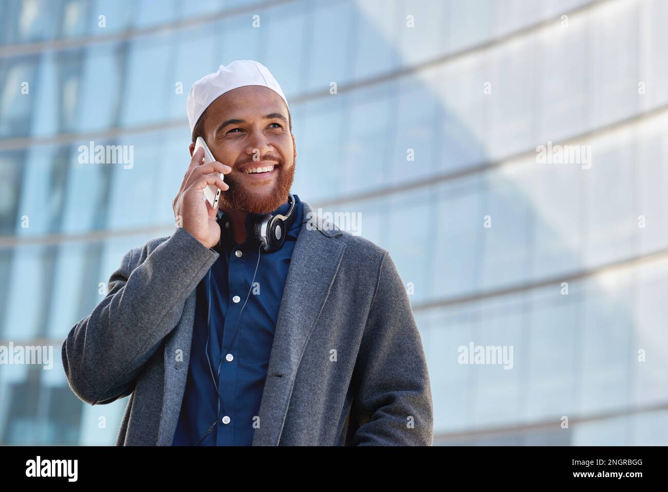 Phone call, city and smile, Islamic man talking on cell outside office ...