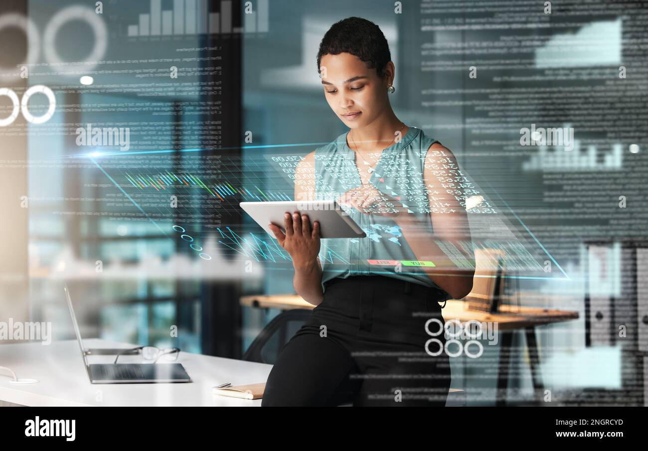 Black woman with tablet, erp overlay and charts, innovation in research ...