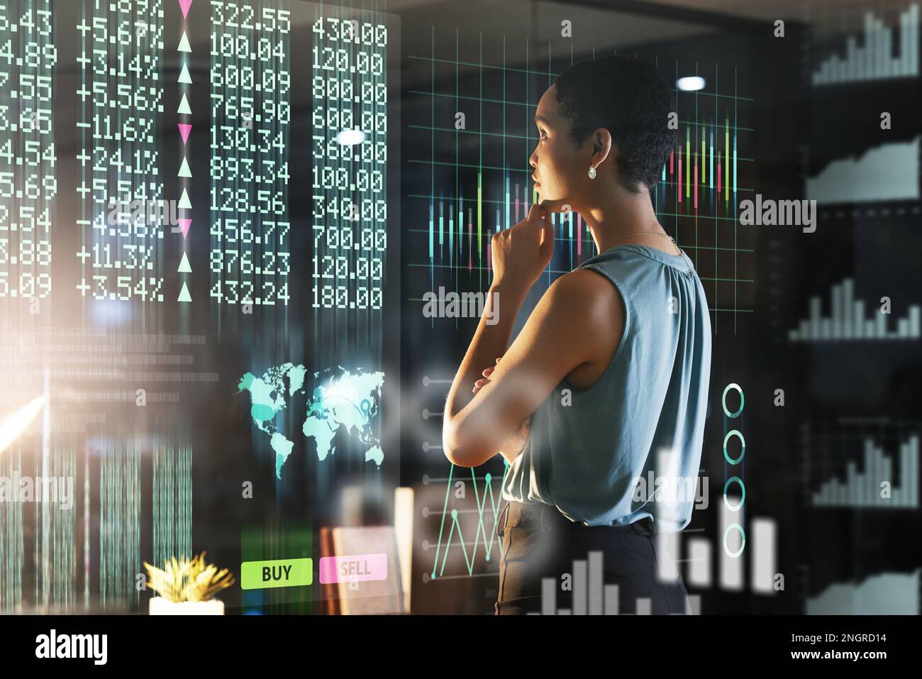 Hologram chart, stock exchange woman or thinking of finance numbers ...