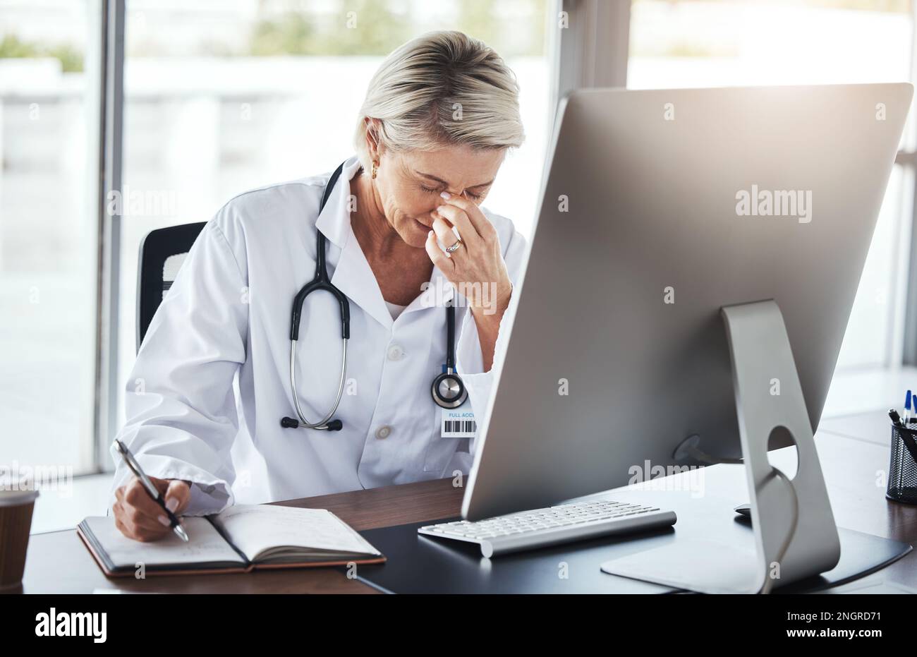 Healthcare, doctor and woman with headache, stress and depression in ...