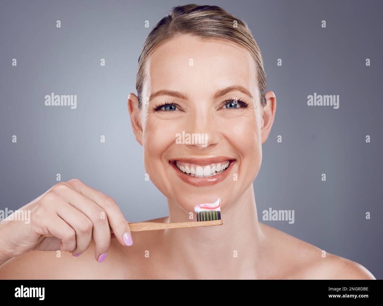 Bamboo toothbrush, toothpaste and portrait of woman for dental wellness ...