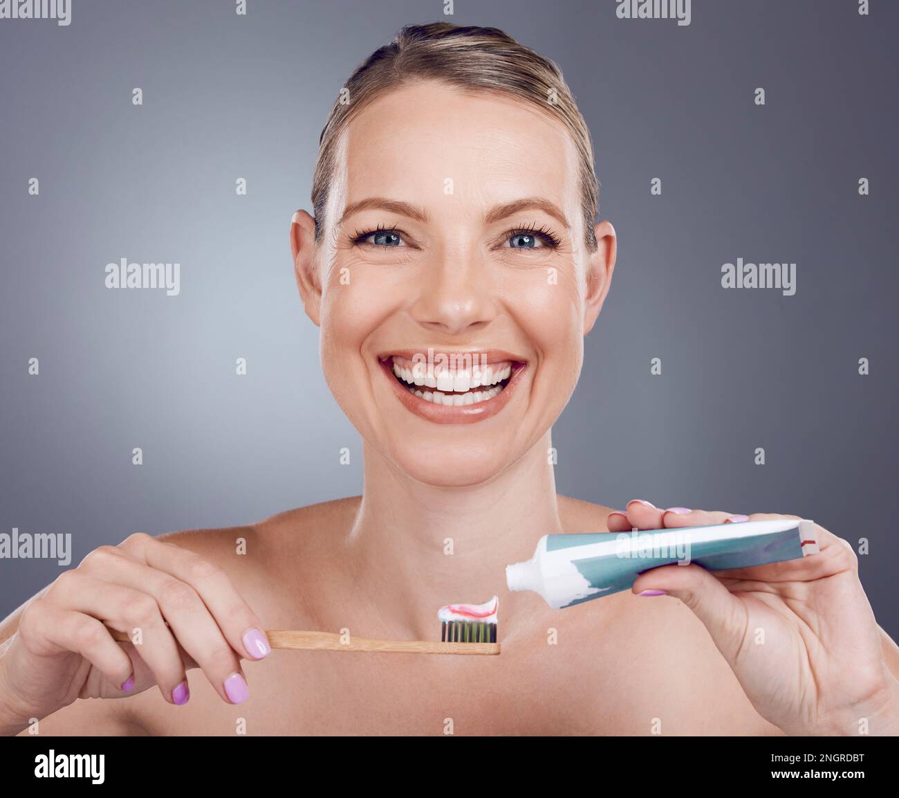 Toothpaste, bamboo toothbrush and portrait of woman in dental wellness ...