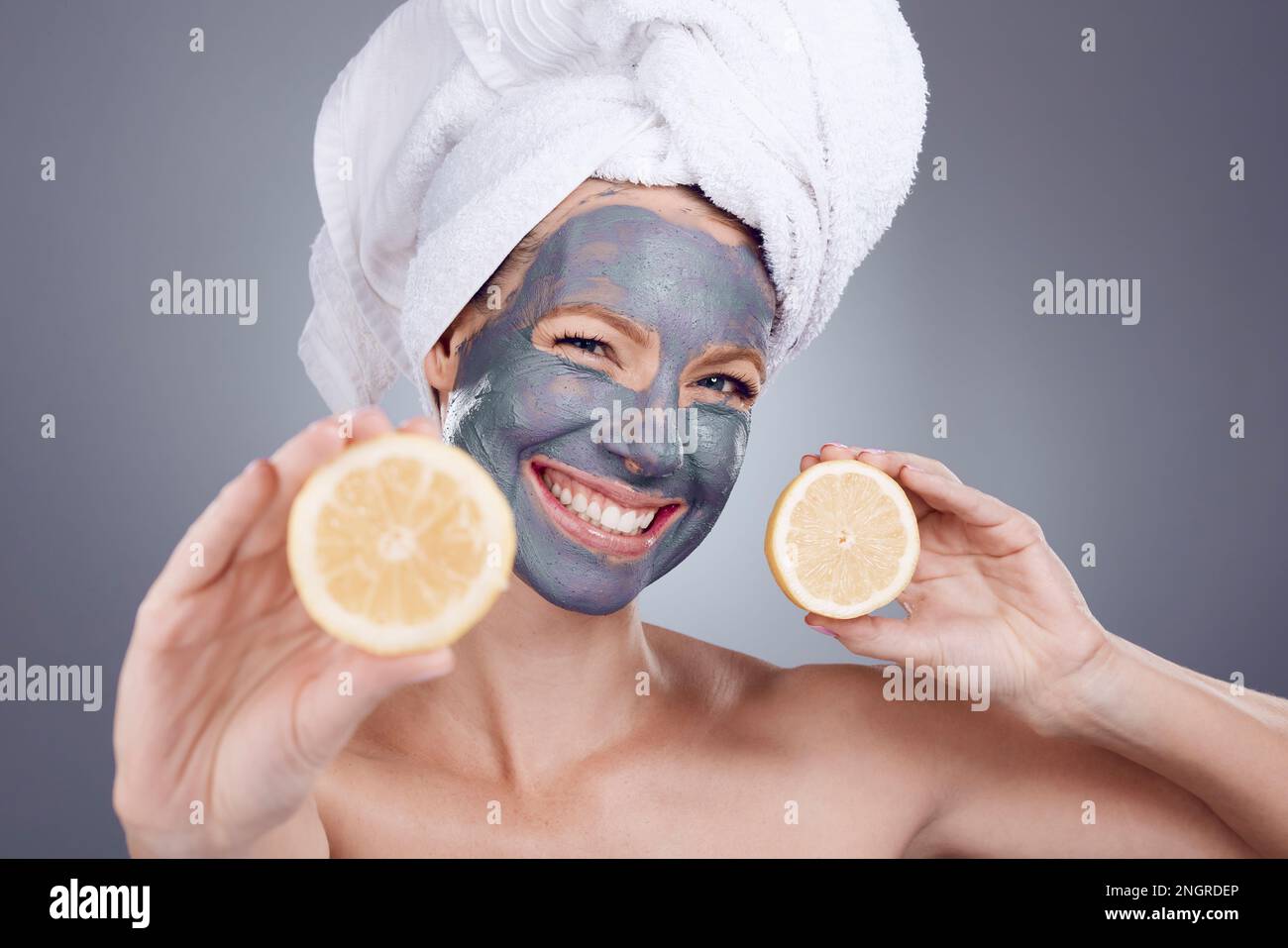 Lemon mask, clay and woman with smile for healthy facial, beauty ...