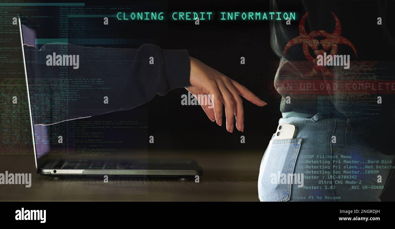 Phishing, cyber security and hacker with laptop and phone with matrix ...