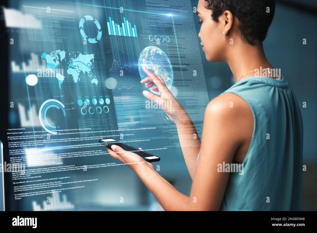 Virtual reality, phone and global overlay with a business black woman ...