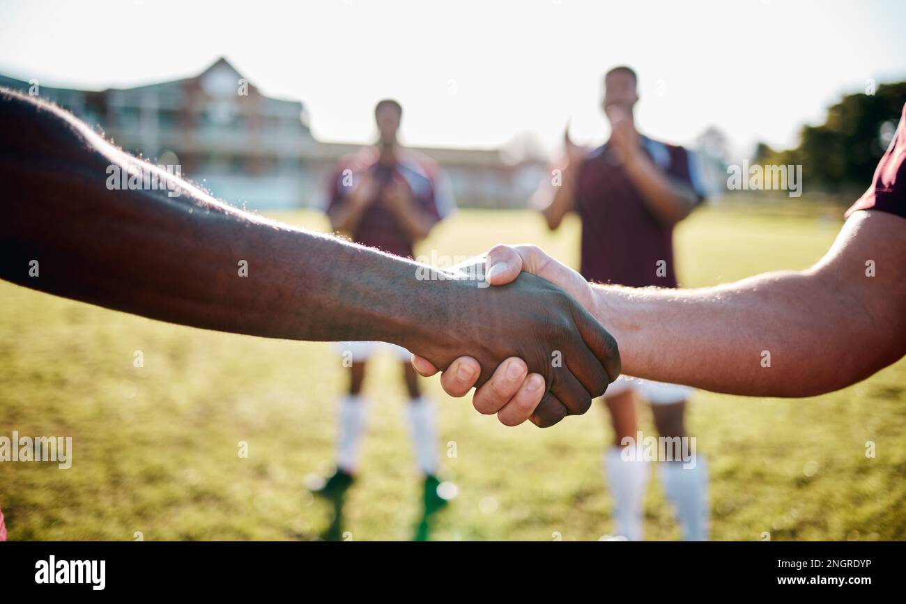 Man, sports and handshake for team introduction, greeting or ...