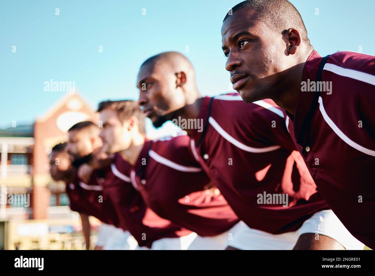 Man, huddle and team scrum for sports motivation, coordination or ...