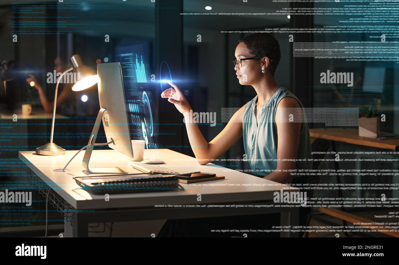 Computer, hologram graphs and woman point at finance hud, stock market database or future night ...